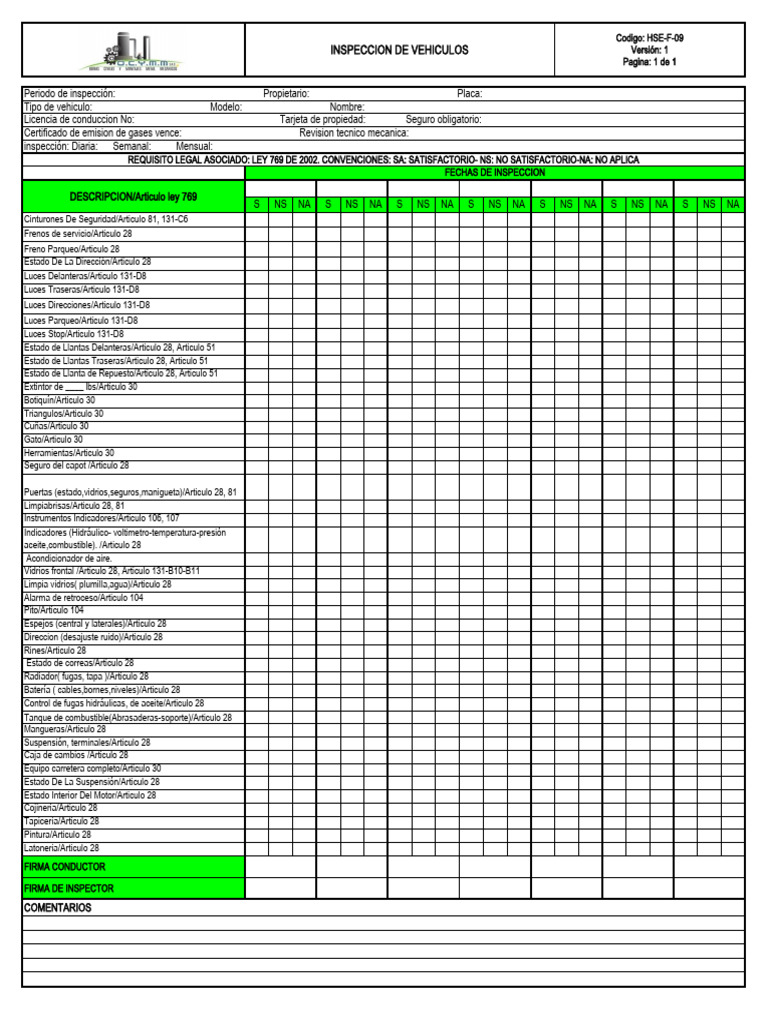 HSE-F-09. Inspección de Vehiculos (V1) | PDF | Vehículo de motor | Coche HSE-F-09. Inspección de Vehiculos (V1) | PDF | Vehículo de motor | Coche