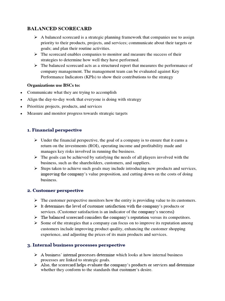 Balanced Scorecard | PDF | Performance Indicator | Goal