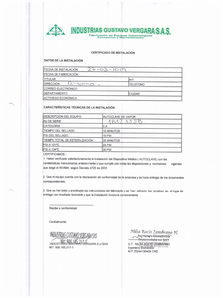 Certificado de Instalación | PDF