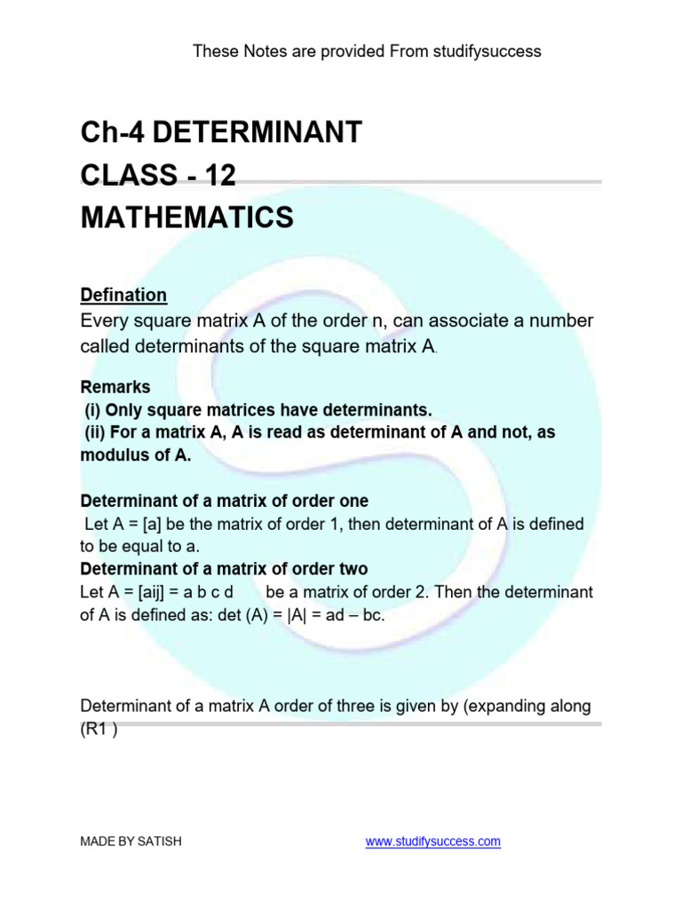 class 12 maths ch-4 notes | PDF | Determinant | Matrix (Mathematics)