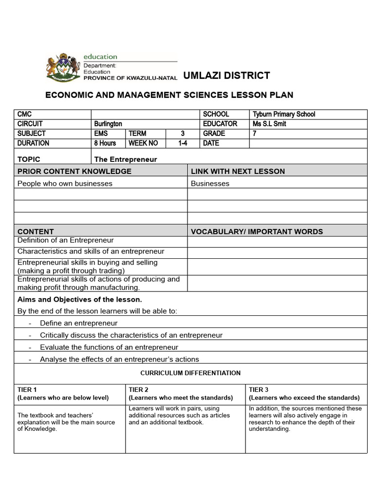 Grade 7 EMS Lesson Plan: Entrepreneurship | PDF | Entrepreneurship | Learning