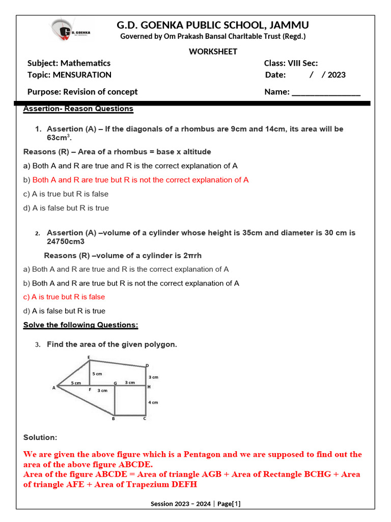 Mensuration Worksheet 2023 Answer Key | PDF | Area | Geometric Shapes