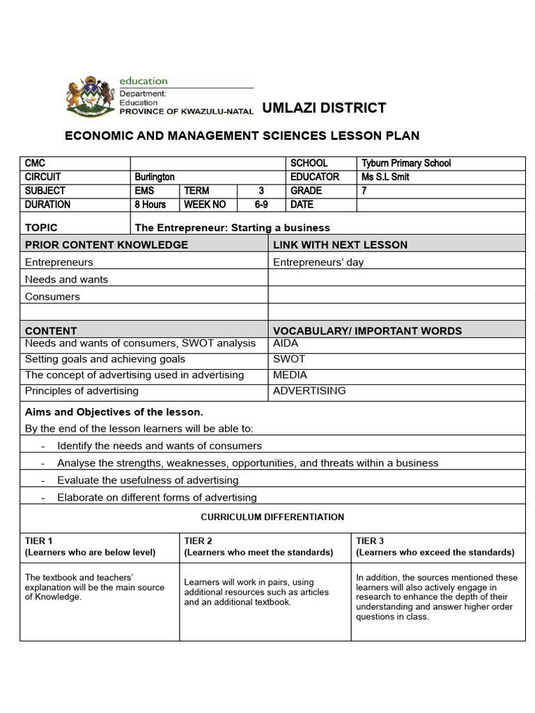 EMS Lesson Plans Grade 7 Term 3 | PDF | Advertising | Consumer Behaviour