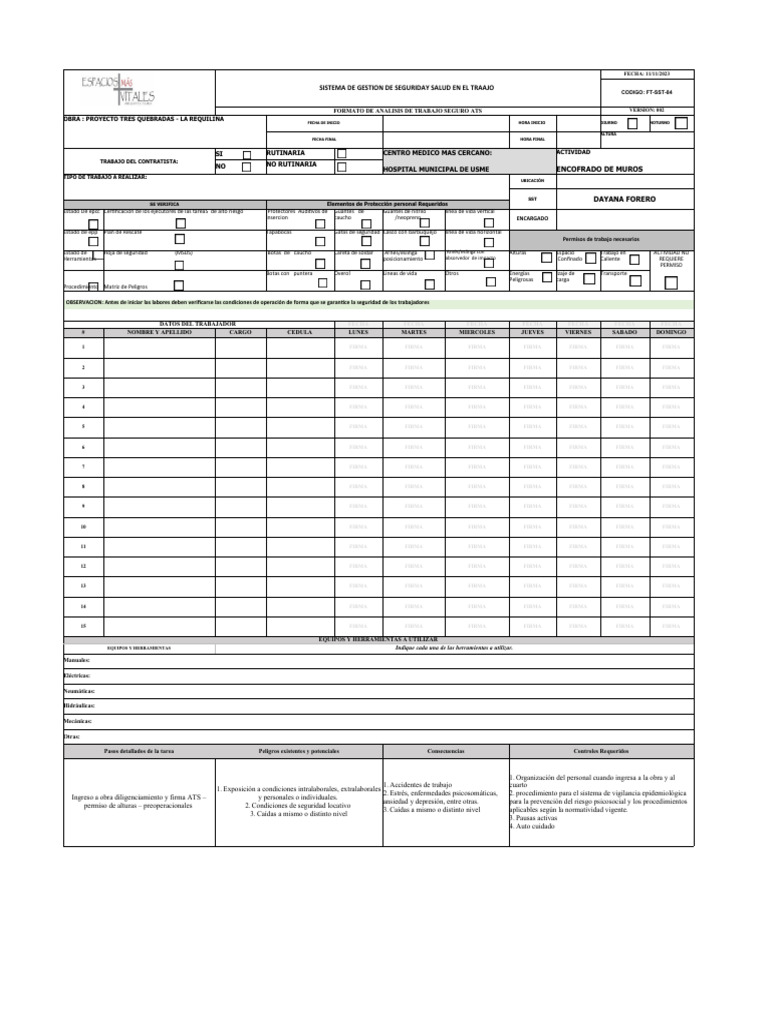 FT-SST-84 Formato Analisis de Tabajo Seguro ATS MUREROS | PDF ...