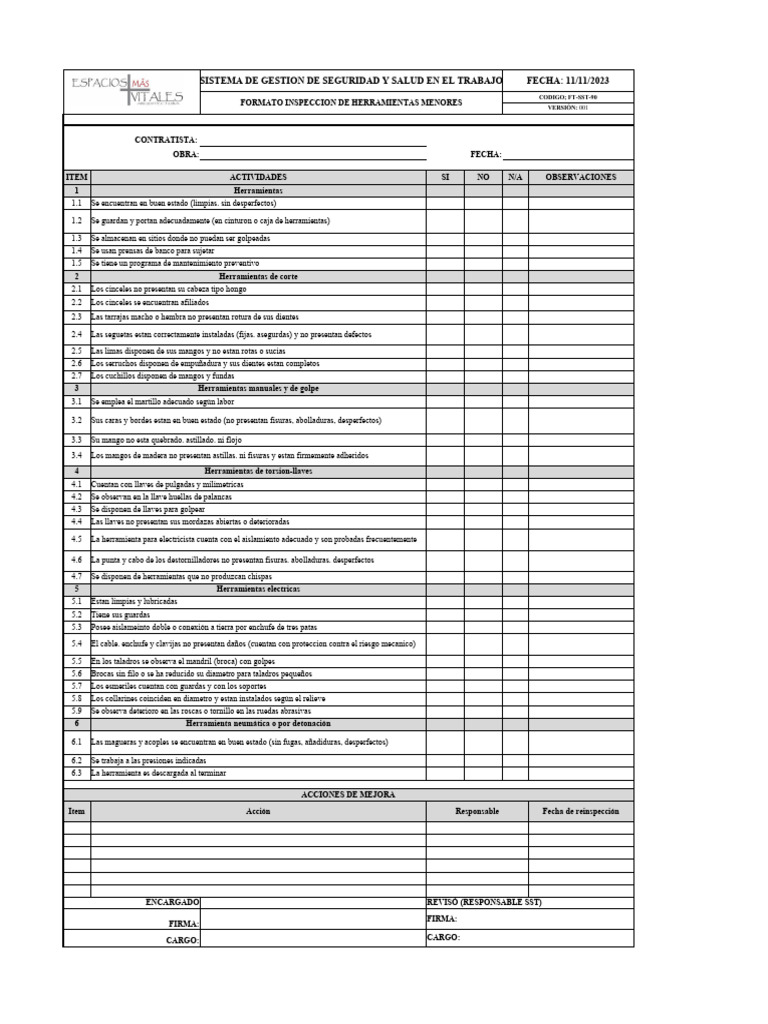 FT-SST-90 Formato Inspeccion Herramientas Menores | PDF | Perforar ... FT-SST-90 Formato Inspeccion Herramientas Menores | PDF | Perforar ...