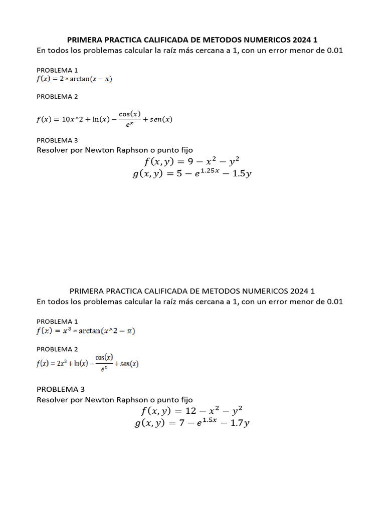 Primera Practica Calificada de Metodos Numericos 2024 1: Problema 1 | PDF