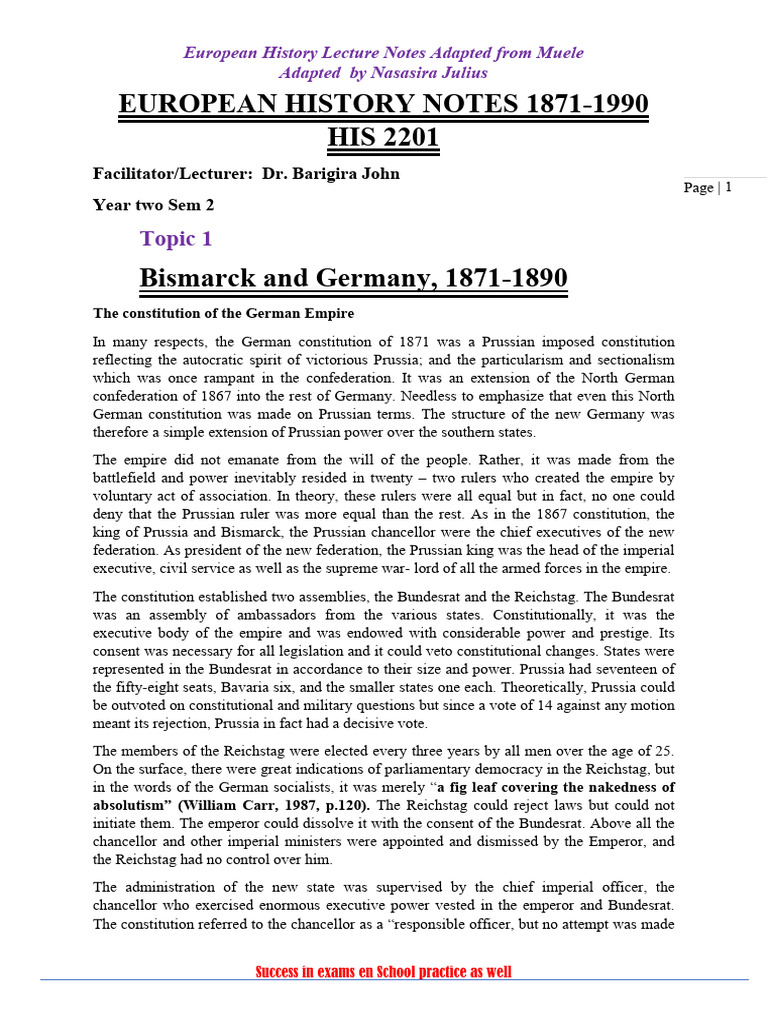 European History Notes 1871 To 1990 | PDF | Otto Von Bismarck | German ...
