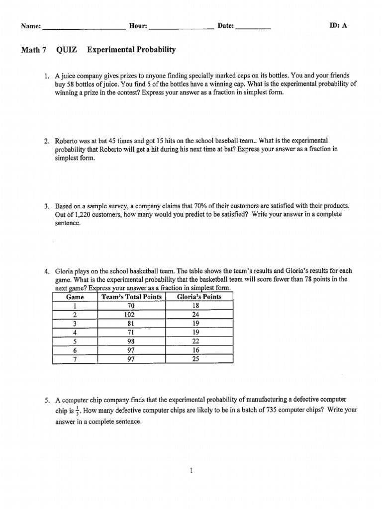 Experimental Probability Quiz | PDF
