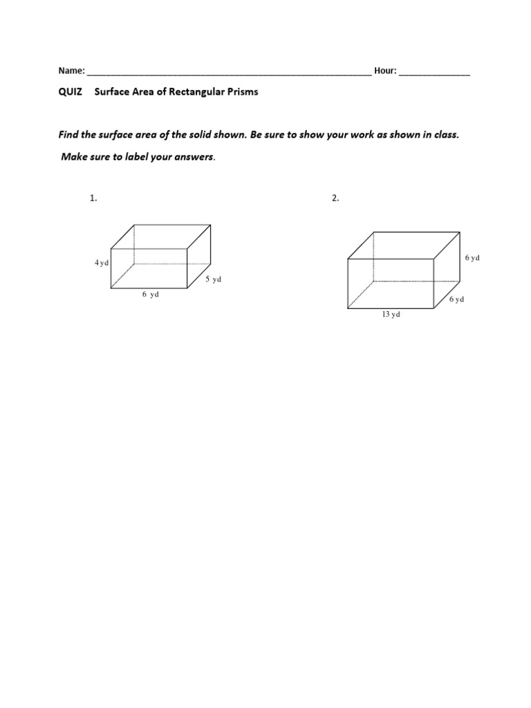 Surface Area Quiz: Rectangular Prisms | PDF