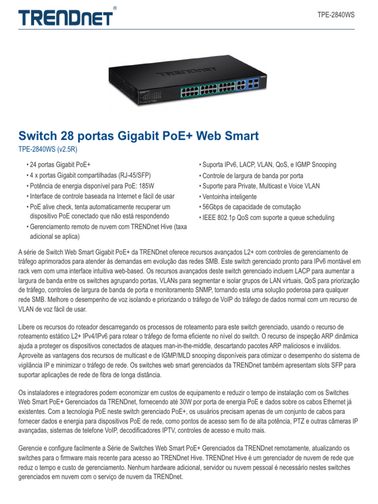 PO Datasheet TPE-2840WS (v2.5R) | PDF | Comutador de rede | Rede de computadores
