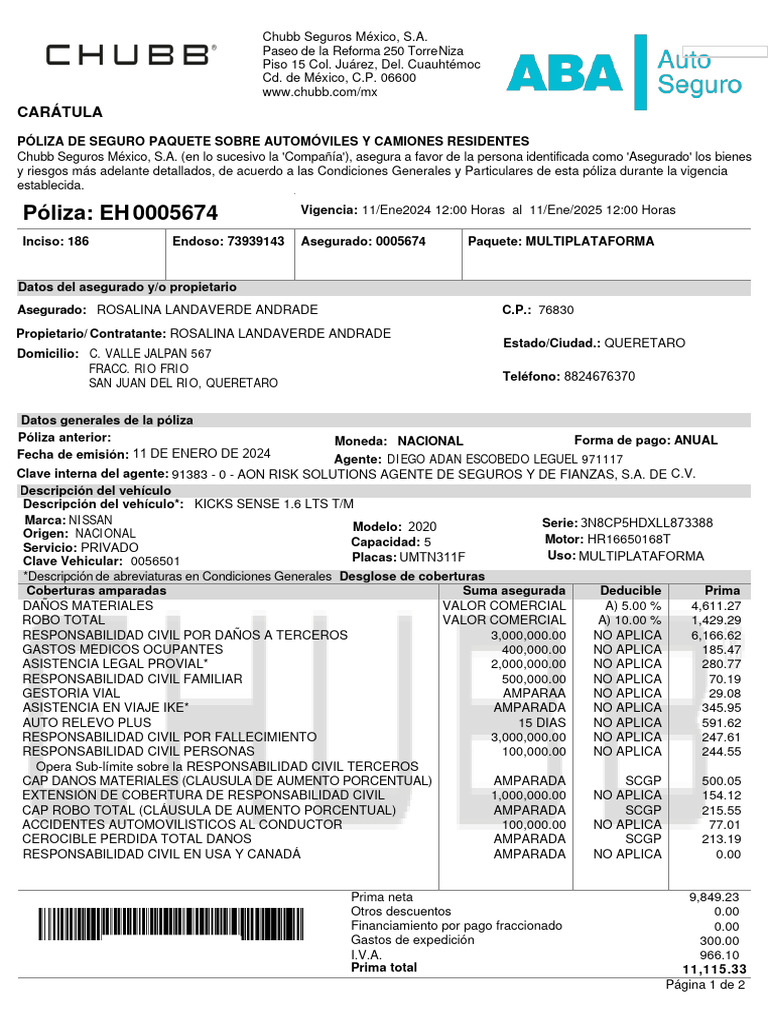 Póliza de Seguro Automóvil Chubb 2024 | PDF | Póliza de seguros ...