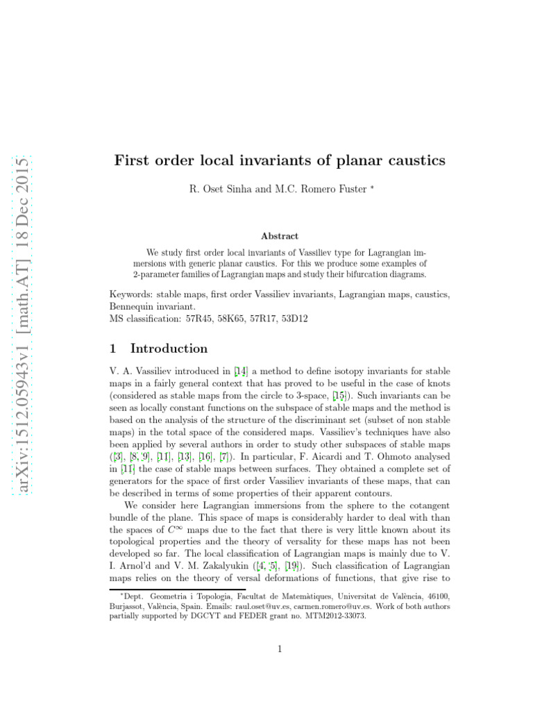 First Order Local Invariants of Planar Caustics: R. Oset Sinha and M.C. Romero Fuster | PDF ...