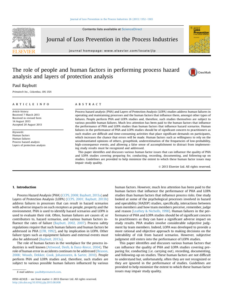 The Role of People and Human Factors in Performing PHA y LOPA - Baybutt2013 | PDF | Risk | Human ...