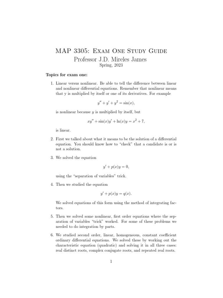 examOneStudyGuide DiffMath | PDF | Nonlinear System | Equations