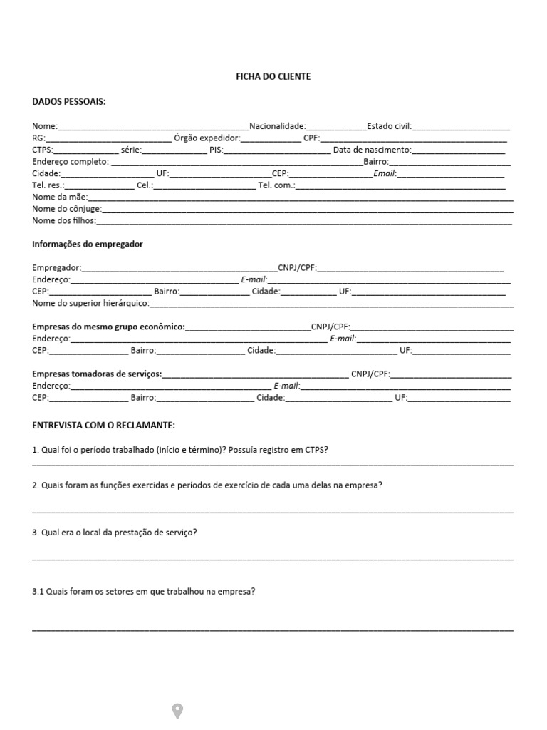 Ficha Do Cliente - Trabalhista - Modelo | PDF | Trabalho