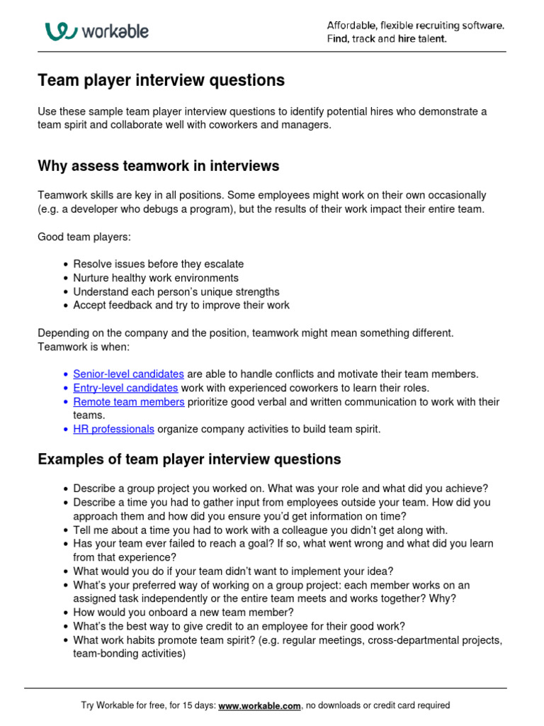 Team Player Interview Questions | PDF | Team Building | Cognition