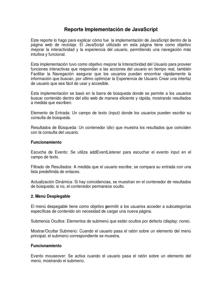 Reporte Implementación de JavaScript | PDF | Script Java | Modelo de objeto de documento