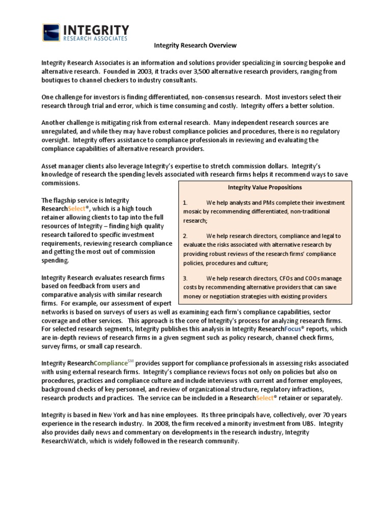 Integrity Research Overview | PDF | Regulatory Compliance | Risk