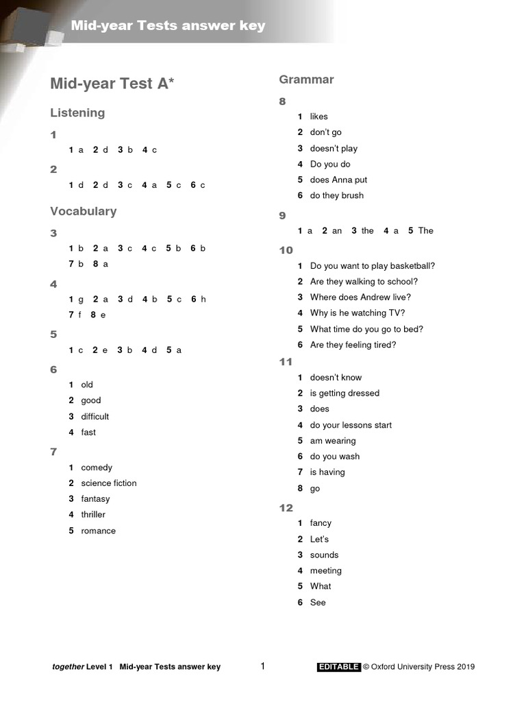 Mid-Year Tests Answer Key Level 1 | PDF | Vocabulary