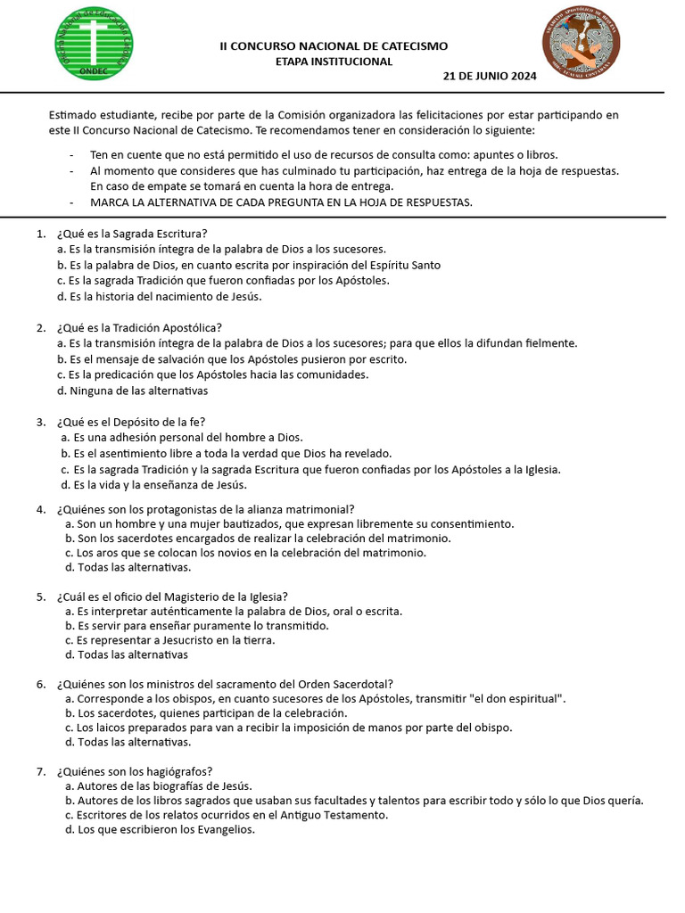 Examen para El Concurso de Catecismo | PDF | eucaristía | Cristo (título)