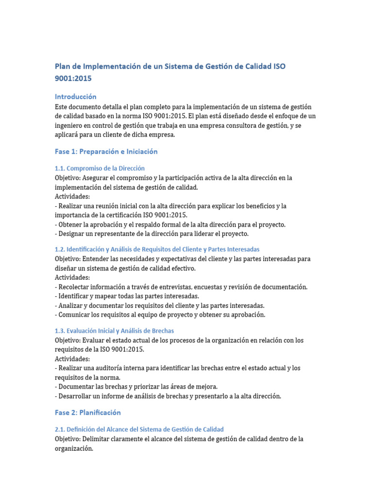 Plan de Implementacion SGC ISO9001 2015 | PDF | Calidad (comercial ...