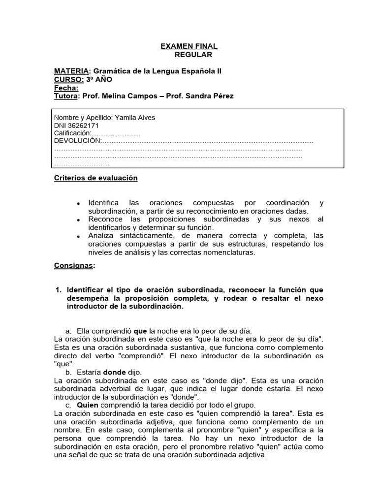 EXAMEN FINAL GRAM II JULIO | PDF | Oración (Lingüística) | Gramática
