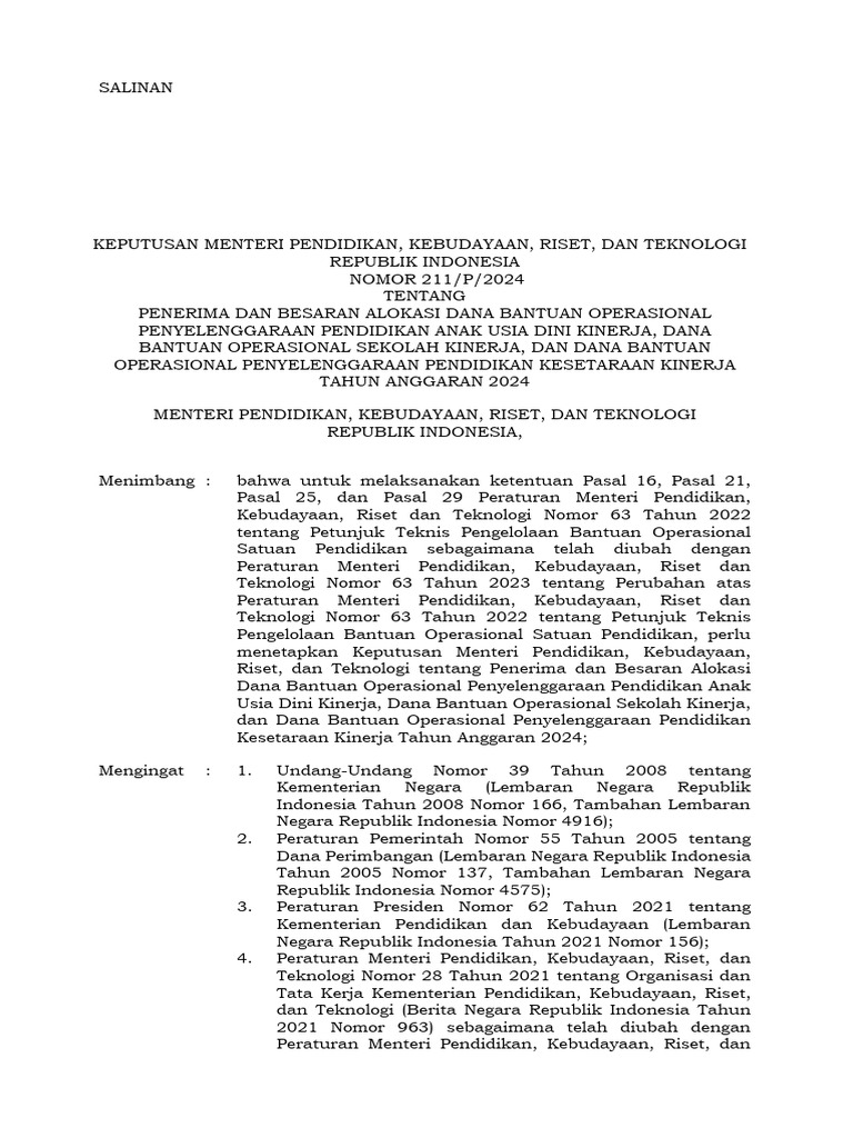 Kepmen Nomor 211 2024 Penerima Bos Kinerja 2024 Pdf