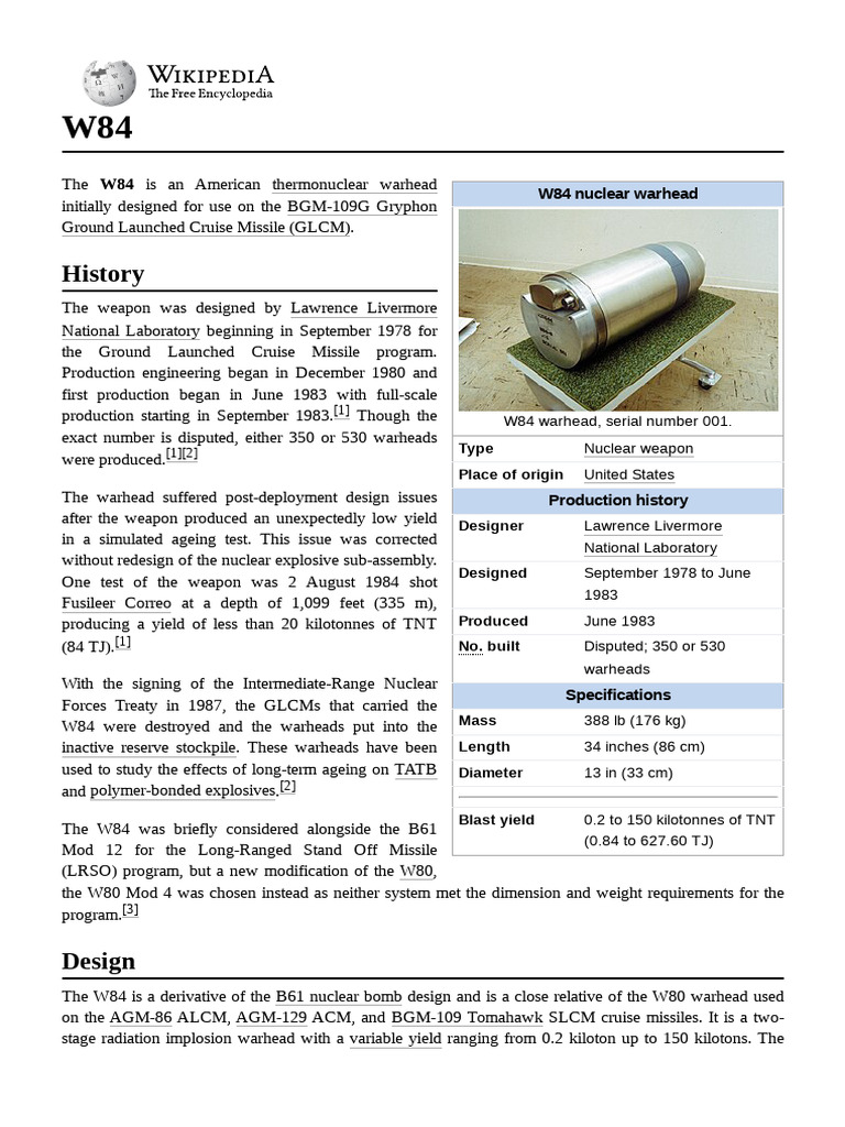 History: W84 Nuclear Warhead | PDF | Nuclear Warfare | Modern Weapons
