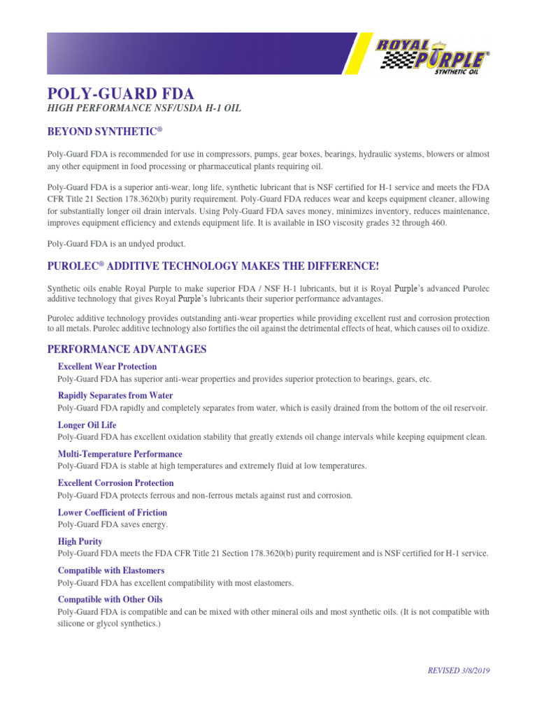 2018 Polyguard Fda Pds | PDF | Lubricant | Materials