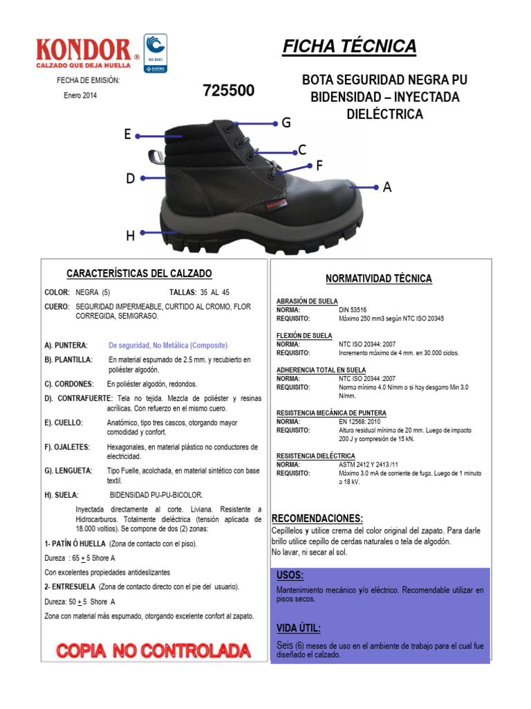 Ficha Técnica: Bota Seguridad Negra Pu Bidensidad - Inyectada Dieléctrica | PDF | Textiles | Zapato