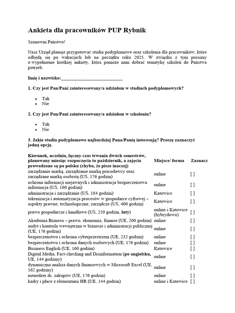 Ankieta Dla Pracowników | PDF