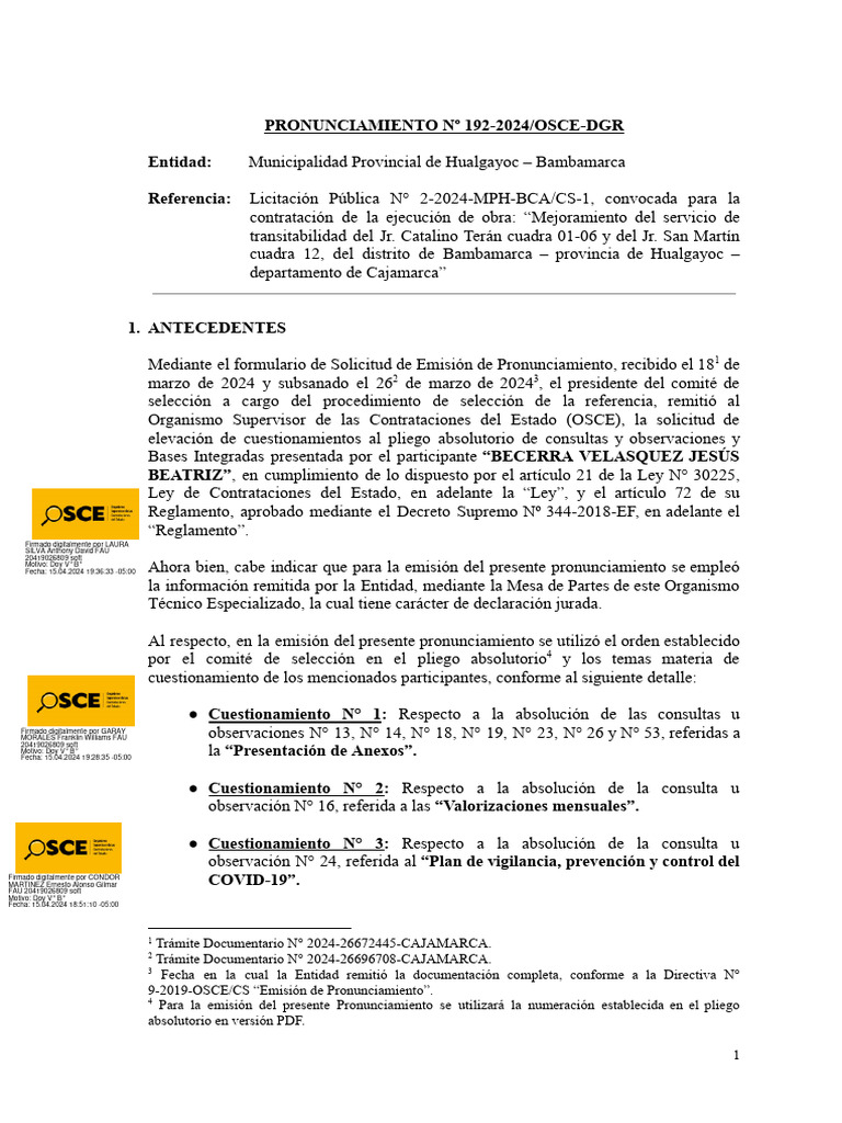 Pronunciamiento N 192 2024 Osce DGR | PDF | Presupuesto | Oferta (economía)