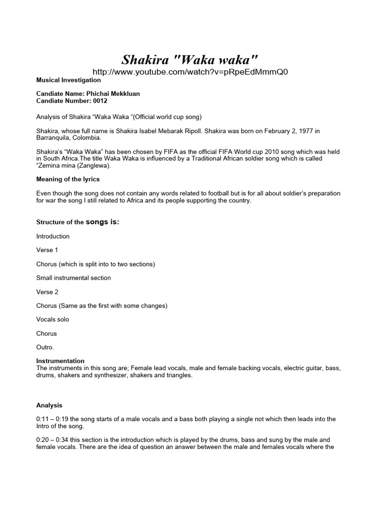 Shakira - Waka Waka | Download Free PDF | Song Structure | Musicology