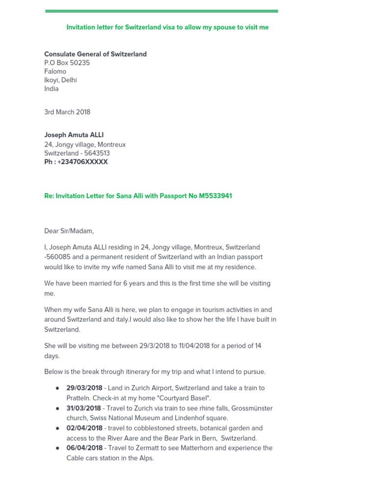 Spouse Visa Invitation Letter for Switzerland | PDF | Switzerland ...