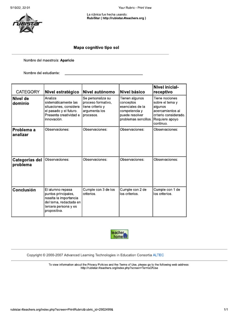Rúbrica Mapa cognitivo tipo sol | PDF