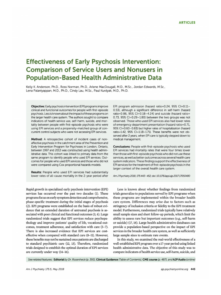 Effectiveness of Early Psychosis Intervention: Comparison of Service Users and Nonusers in ...