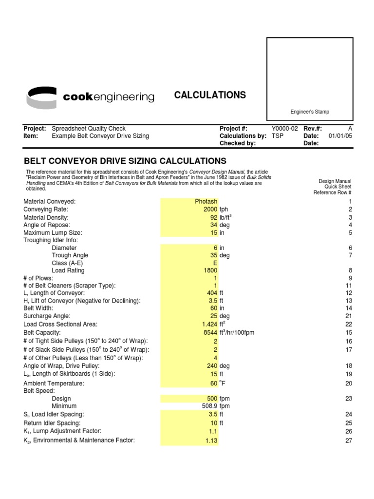 Calculations: Belt Conveyor Drive Sizing Calculations | PDF