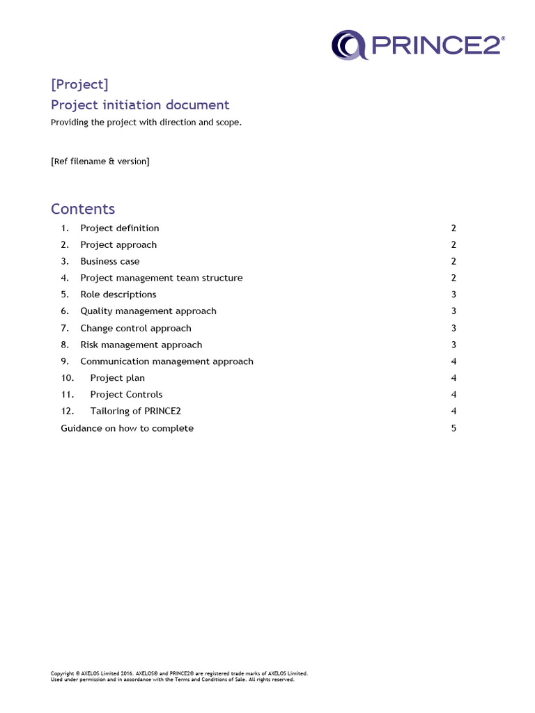 PRINCE2 2017 Project Initiation Documentation | Download Free PDF ...