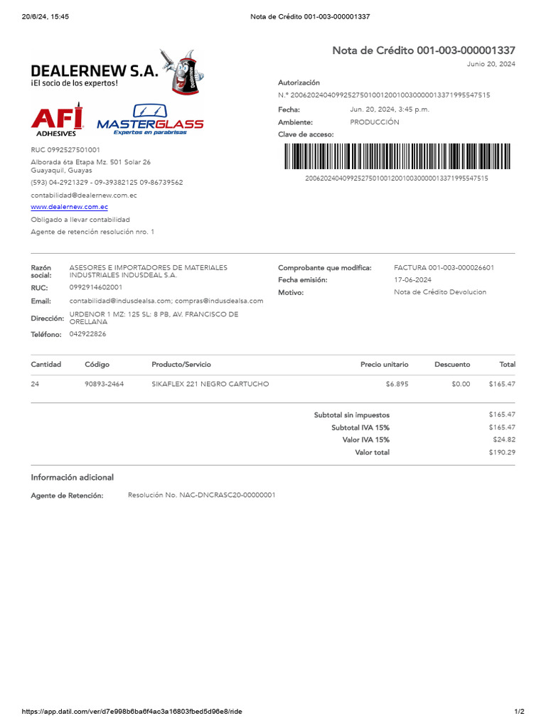 Nota de Crédito 001-003-000001337 | PDF | Economias