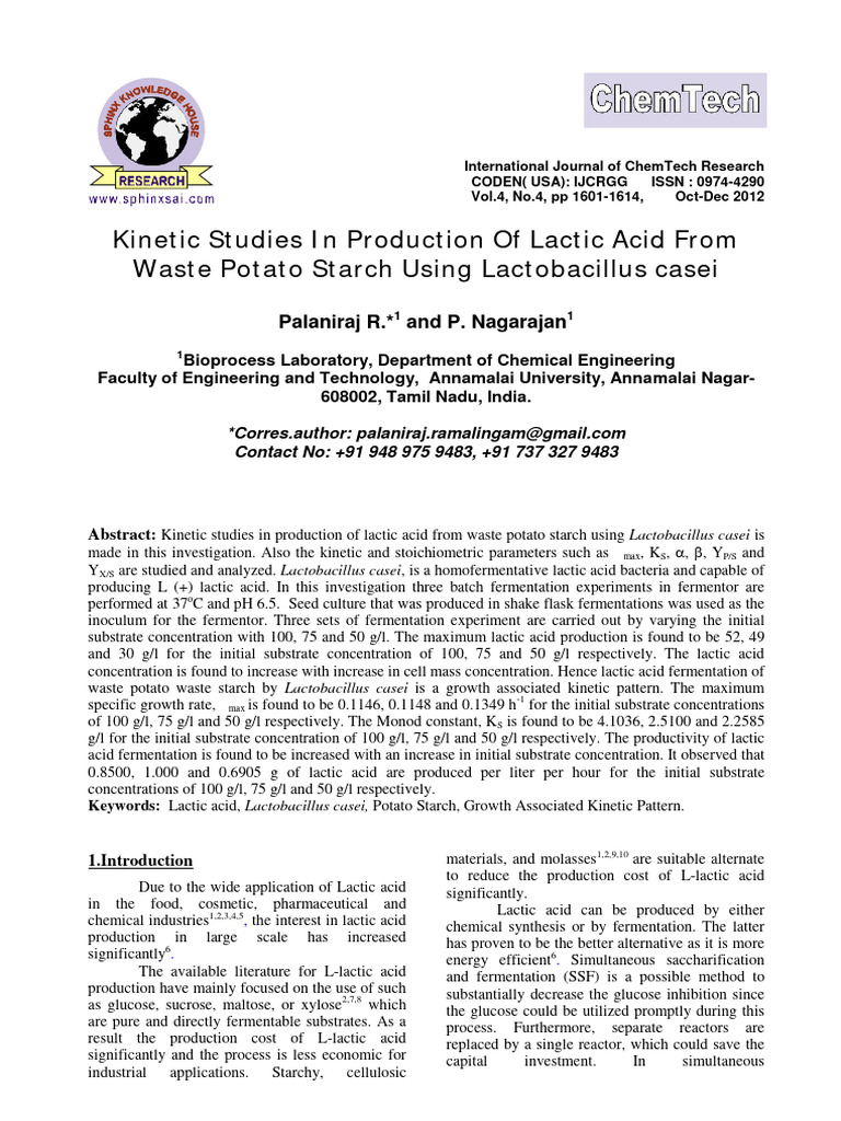 Lactic Acid Production From Waste Potato | PDF | Lactic Acid | Fermentation