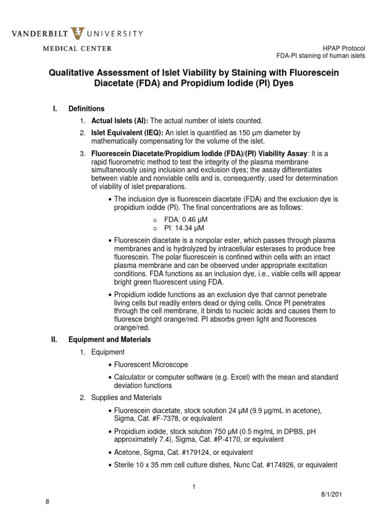 FDA-PI Staining Protocol for Islet Viability | PDF | Staining ...