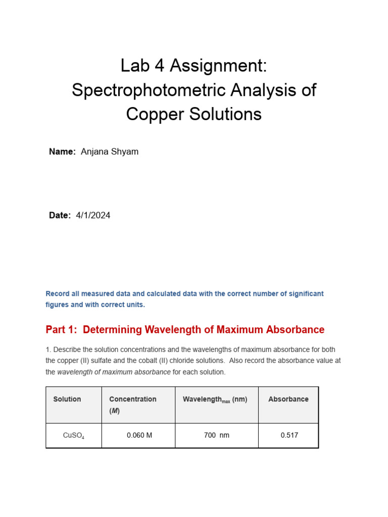 Lab 4 Spectroscopic Analysis of Copper Solutions | PDF | Spectrophotometry | Absorbance