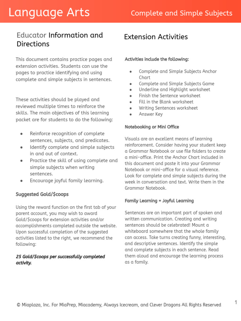 Complete and Simple Subjects Activities | PDF | Subject (Grammar ...