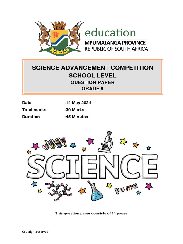 Science Grade 9 QP School Level 2024 | PDF | Hydroxide | Magnesium