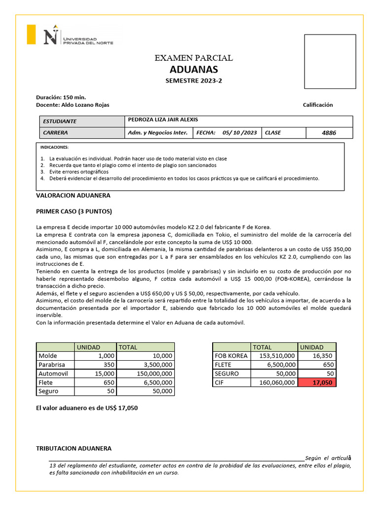 Examen Parcial - Aduanas - Upn - 2023-2 Resoluccion | PDF