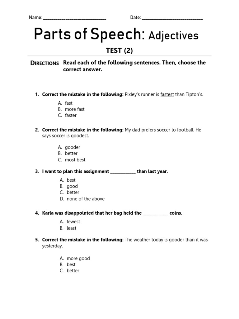 Adjective Usage Test and Answers | PDF | Adjective | Noun