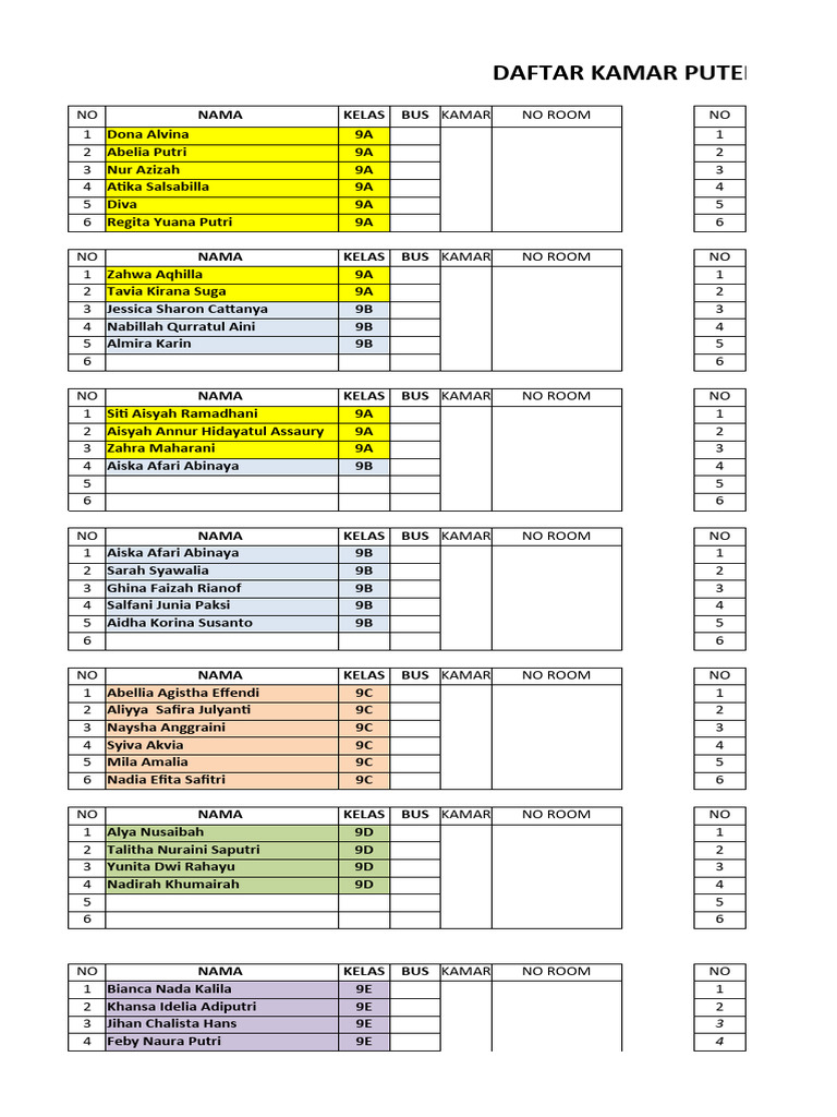 Daftar Kamar Bandung 2023 - 2024 | PDF