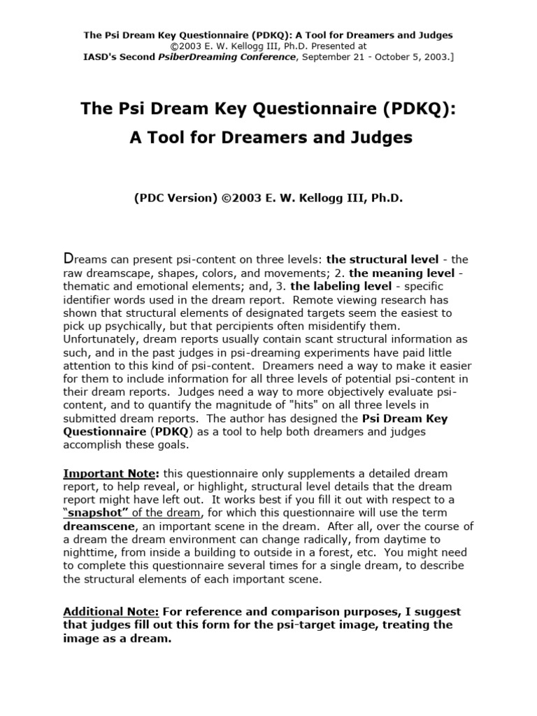 The Psi Dream Key Questionnaire PDKQ A T | PDF | Emotions | Dream