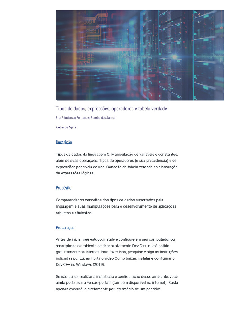 Tipos de Dados, Expressões, Operadores e Tabela Verdade | PDF | C ...