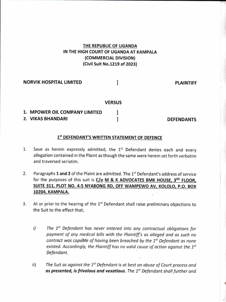 Defendant's Written Statement of Defence | PDF | Lawsuit | Common Law